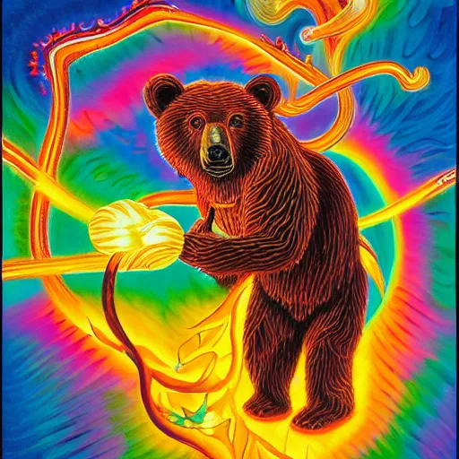 bear spinning fire poi, painted by lisa frank, alex | Stable Diffusion ...