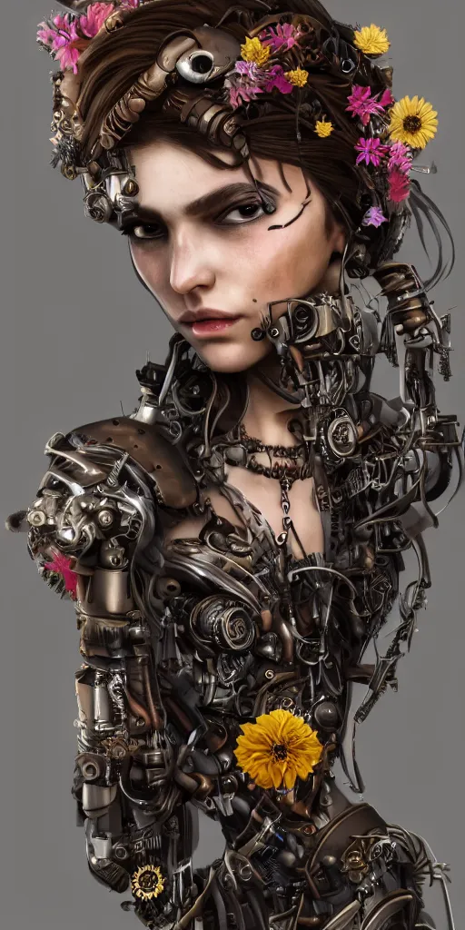 portrait steampunk cyborg with flowers in his hair 4k | Stable ...