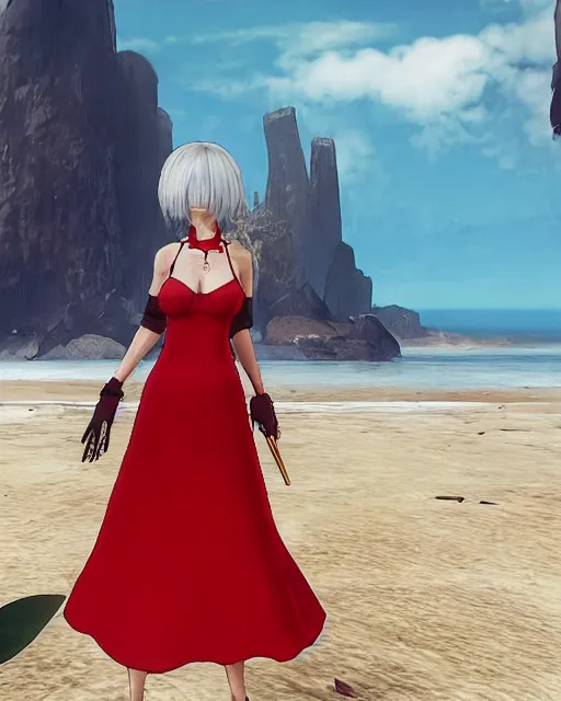 Nier Automata standing on a beach and wearing red | Stable Diffusion ...