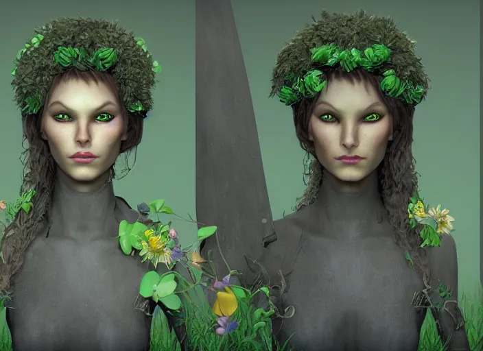 Green skin Fantasy androgynous humanoid with flowers | Stable Diffusion ...