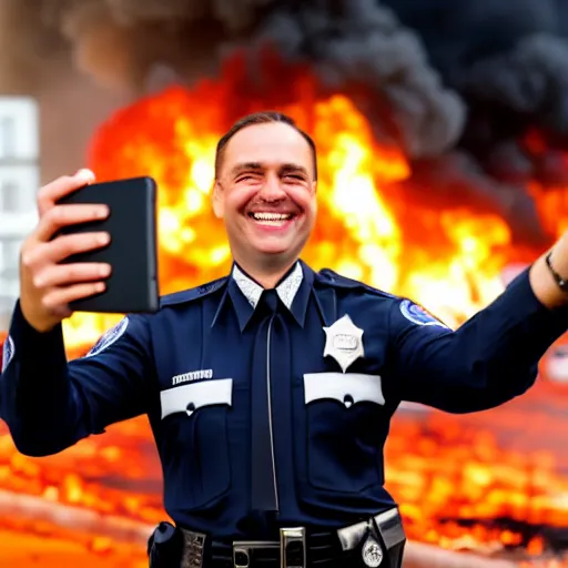 smiling cop takes a selfie in front of a riot, cars | Stable Diffusion ...
