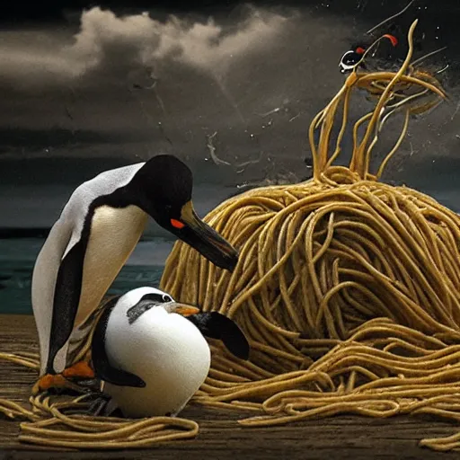spaghetti monster killing a penguin | Stable Diffusion | OpenArt