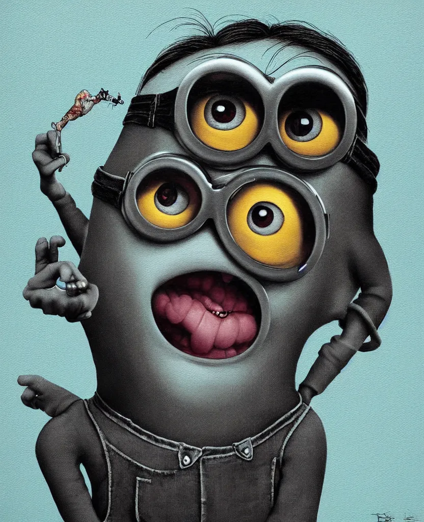 a creepy Minion from Despicable Me, eating a person, | Stable Diffusion