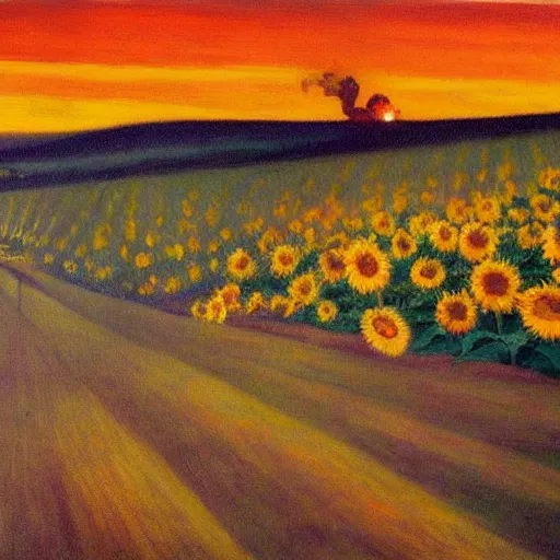 a painting of a sunflower field is burning in midnight | Stable ...