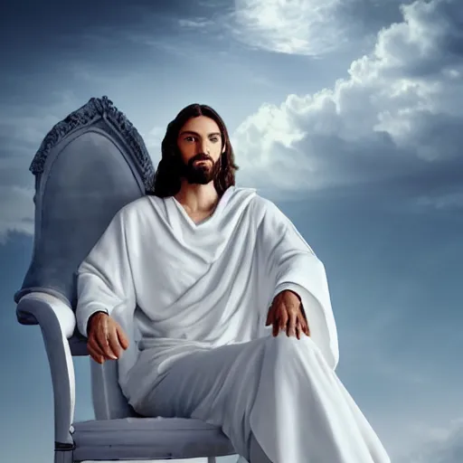 jesus sitting on a white chair with his Angels flying | Stable Diffusion