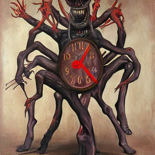 A surreal painting of a clock demon, multiple legs and | Stable Diffusion