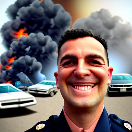smiling cop takes a selfie in front of a riot, cars | Stable Diffusion ...