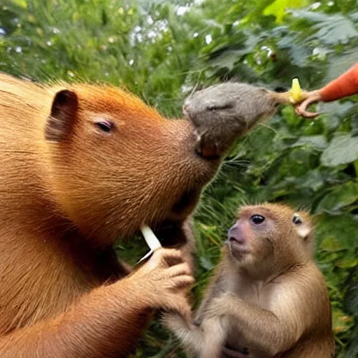 a capybara and monkeys enjoying a hot source, | Stable Diffusion | OpenArt
