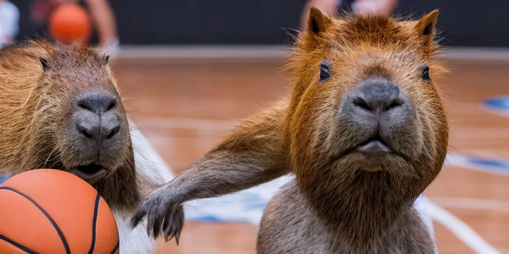 A Realistic Capybara Slam Dunking a basketball ball in | Stable Diffusion