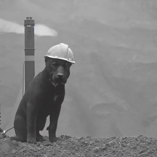 puppy working in a dusty coal mine, wearing hard hat, | Stable ...