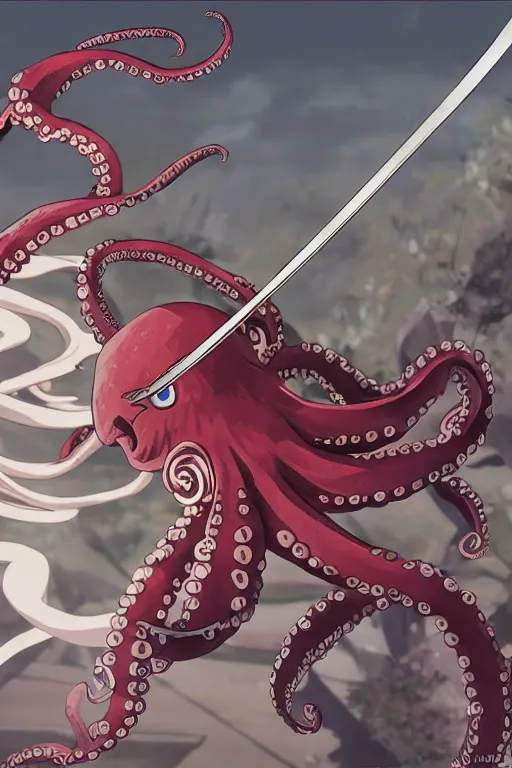 key anime visuals of an octopus ninja, fighting with a | Stable Diffusion