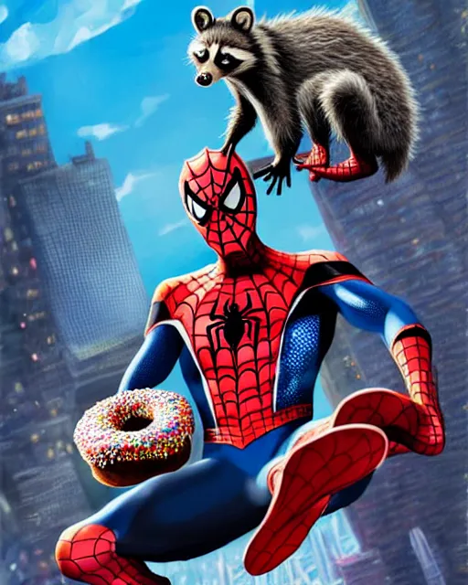 spiderman riding on a giant raccoon eating a donut | | | Stable ...