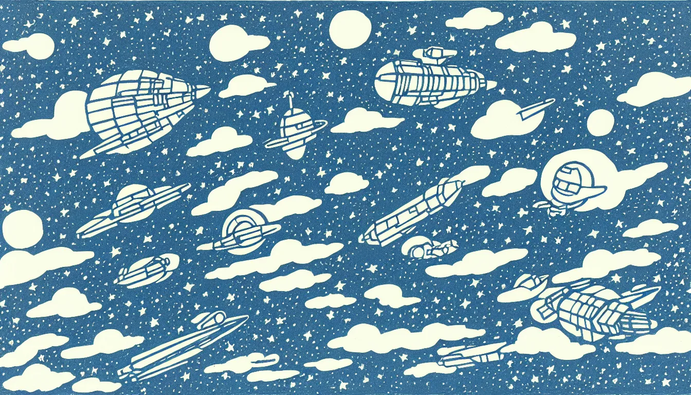 spaceship in the sky by woodblock print | Stable Diffusion | OpenArt