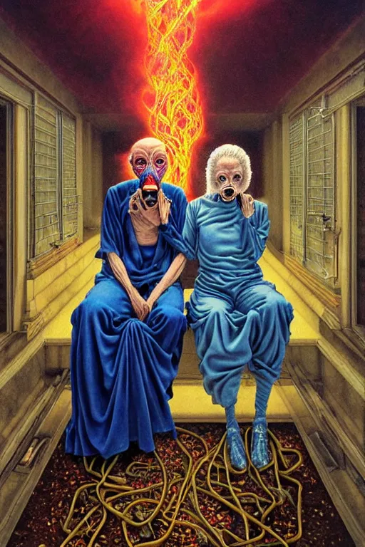 Two skinny old people draped in silky gold, green and | Stable ...