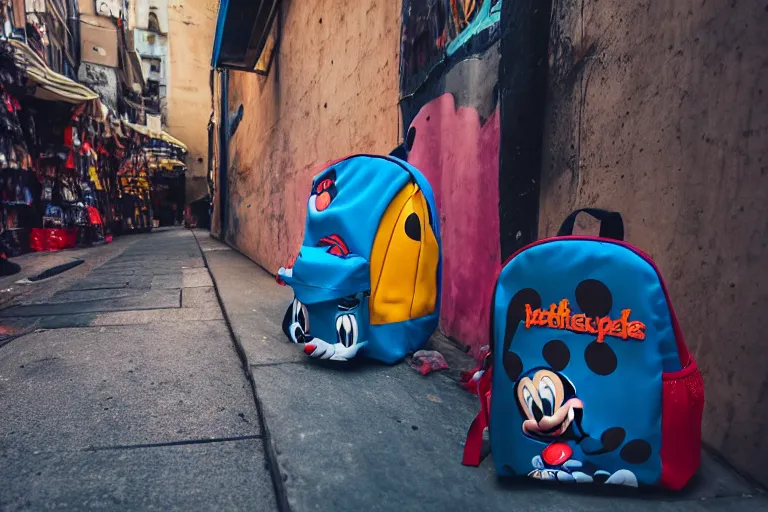 bootleg disney backpack being sold in an alley market, | Stable Diffusion