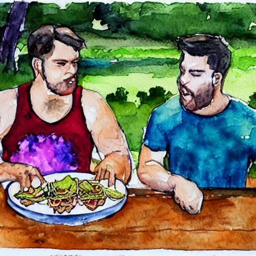 two guys eating tacos in tank tops, watercolor painting | Stable ...