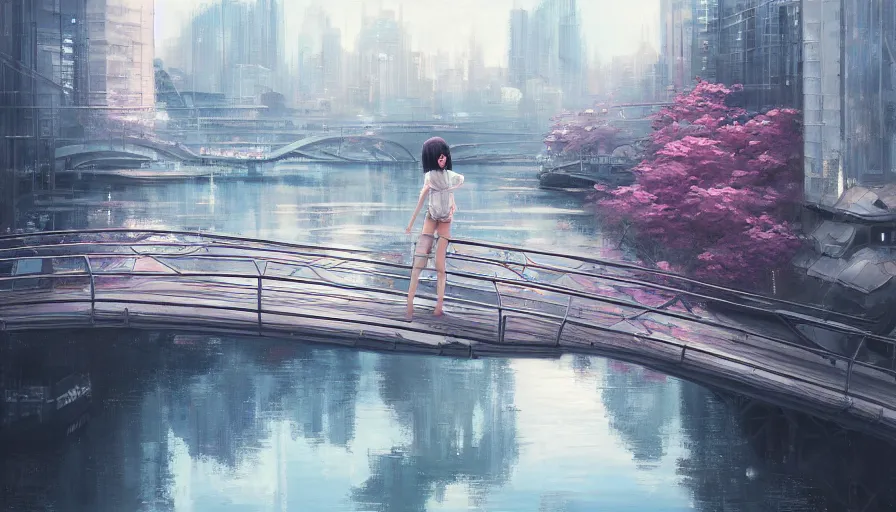 a girl is standing on a bridge over a body of water, a | Stable ...