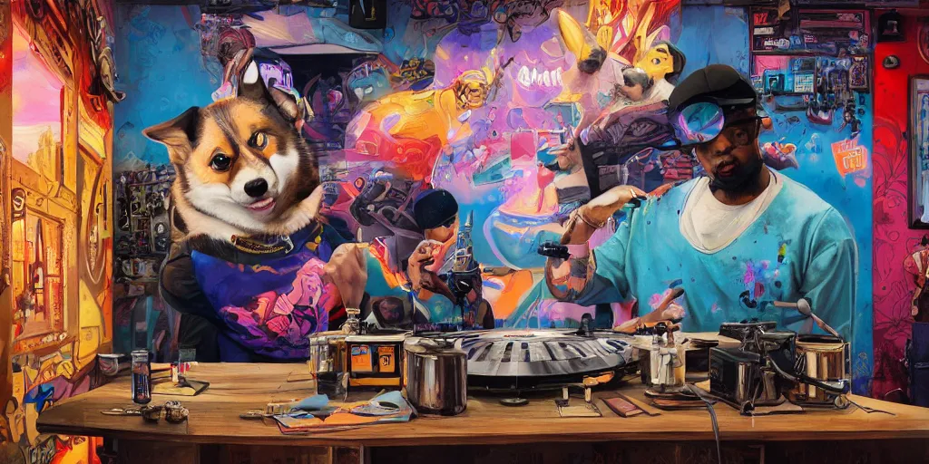 beautiful painting of hiphop DJ corgi lofi performing | Stable ...