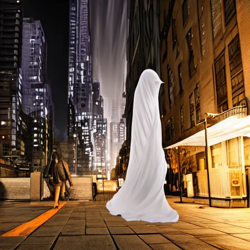 ghost under a sheet floating over NYC sidewalk at | Stable Diffusion ...
