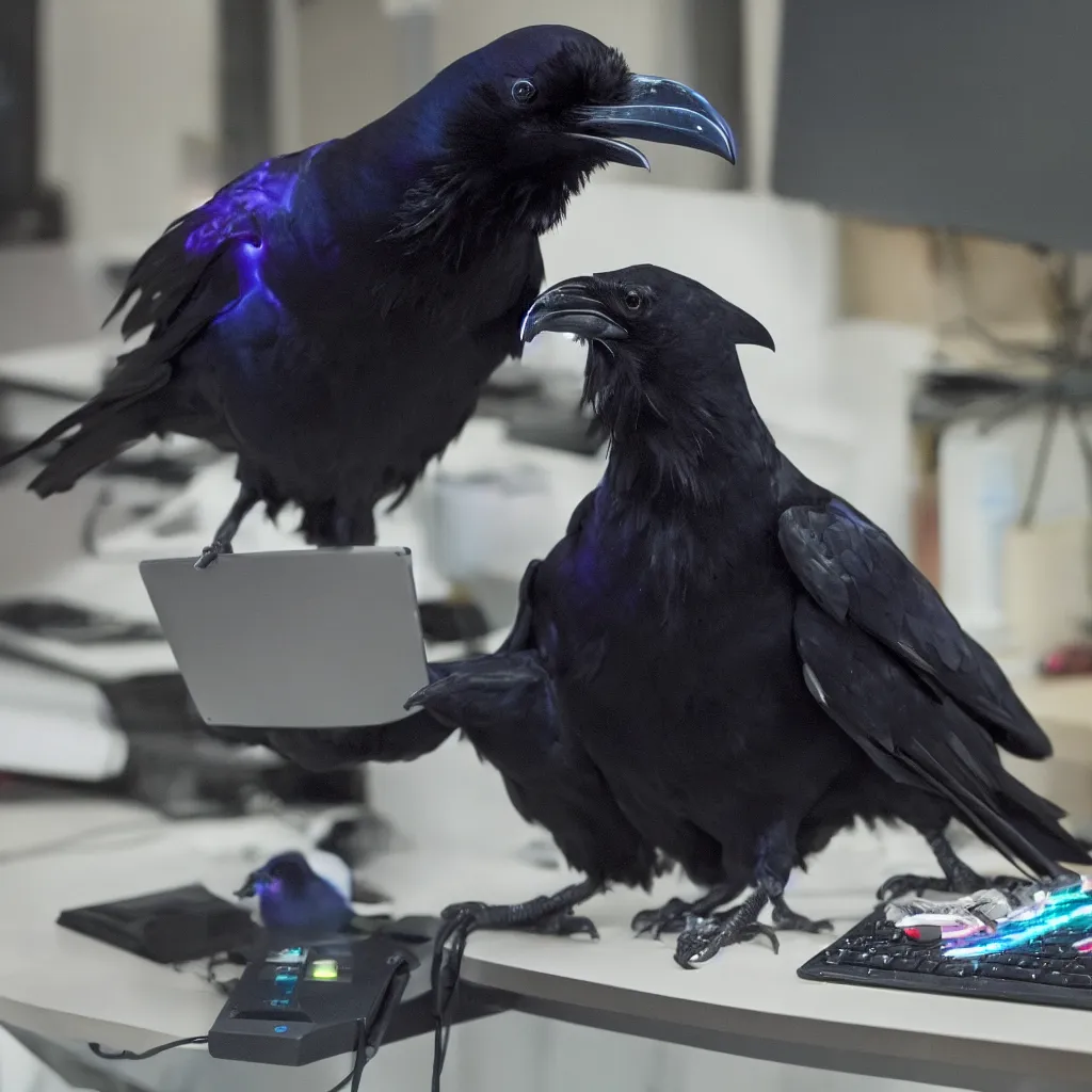 a still of a raven hacking a computer, led lights, | Stable Diffusion ...