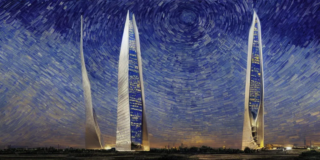 Central Bank of Iraq Tower by Zaha Hadid in starry | Stable Diffusion ...