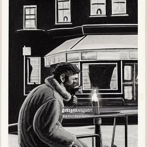 a hirsute broad man in a { denim shearling coat } sits | Stable ...