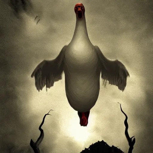 a horror art of goose, very scary goose looking at the | Stable Diffusion