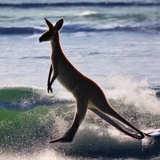 photo of a kangaroo standing on a surfing board. | Stable Diffusion