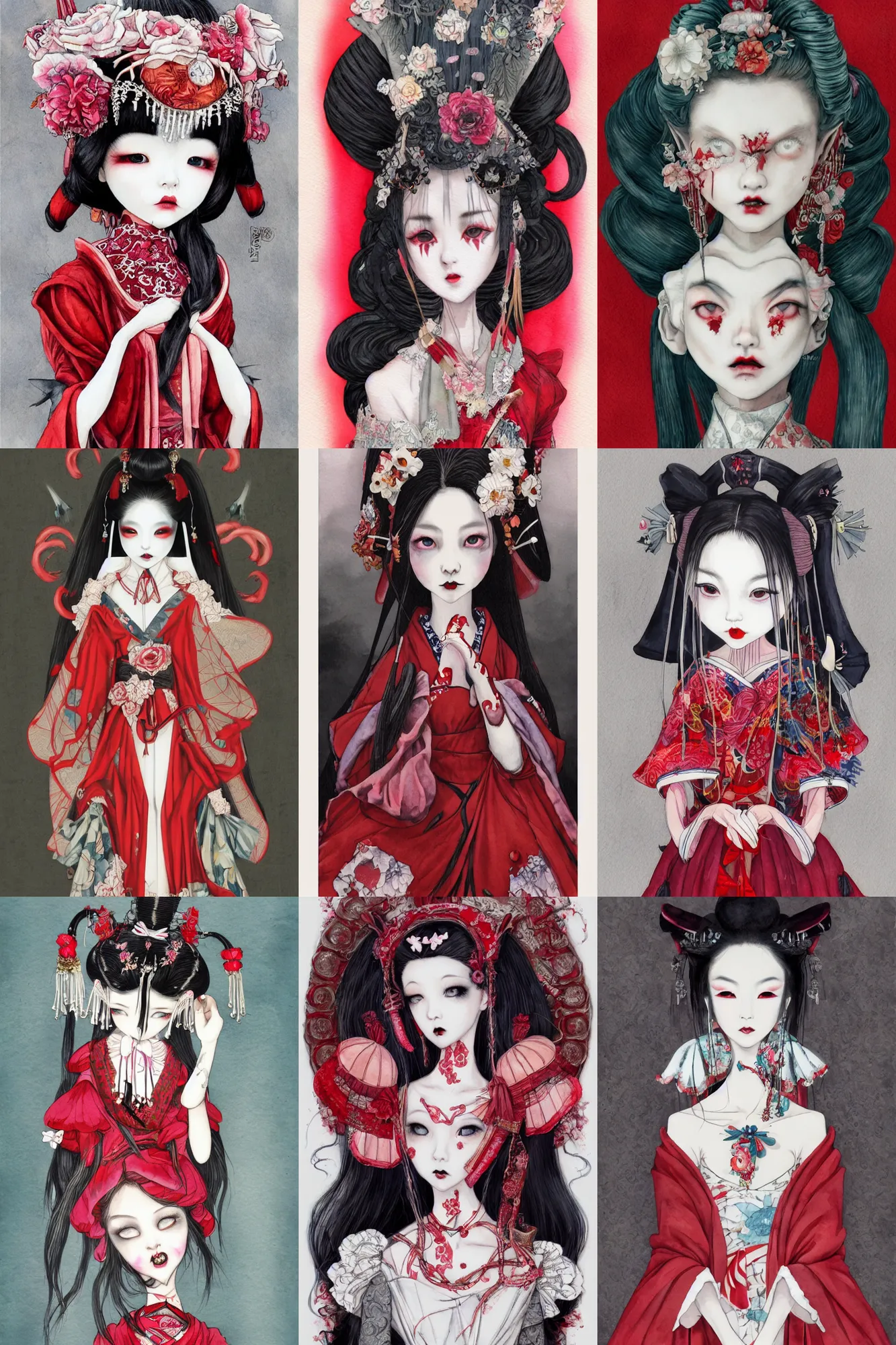 watercolor painting of a japanese bjd geisha vampire | Stable Diffusion ...
