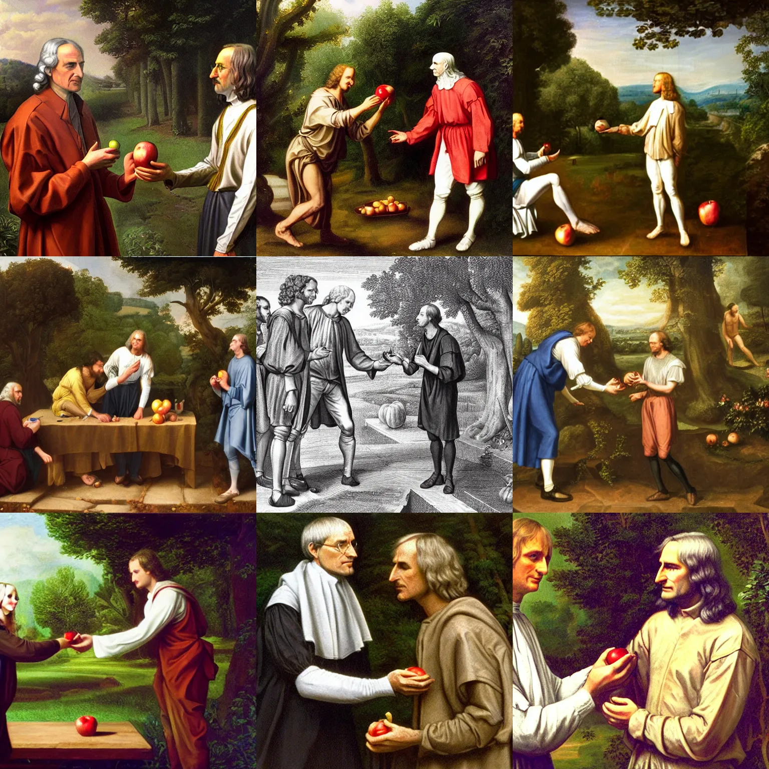 sir isaac newton offering a bitten apple to steve jobs | Stable Diffusion | OpenArt
