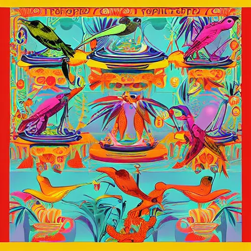 psychedelic zoetrope of tropical birds, poster art | Stable Diffusion