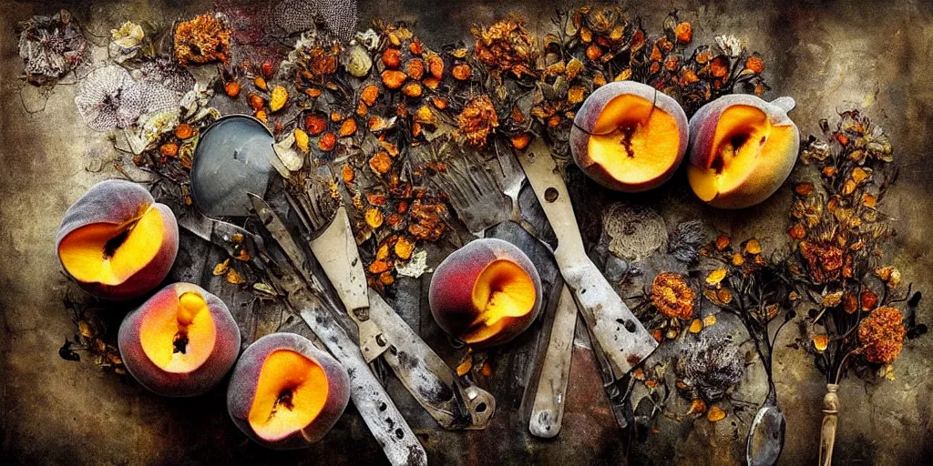 front view decaying rotting peaches, moldy, on an | Stable Diffusion ...
