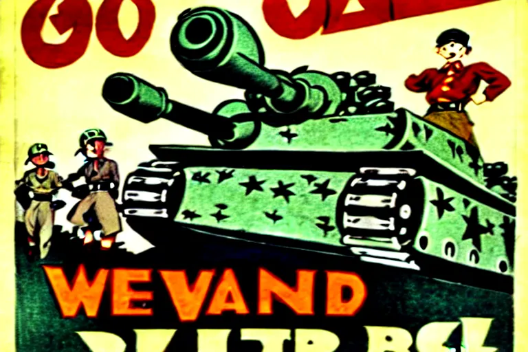 1940s, war, anime, poster, smiling tanks | Stable Diffusion
