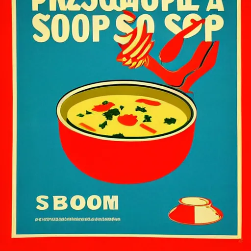 a propaganda poster of a bowl of soup, Soviet-era, | Stable Diffusion