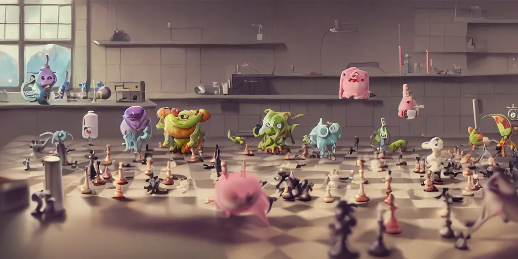 kawaii cartoon monsters playing chess in a laboratory | Stable ...