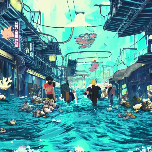 painted anime background of a flooded underwater slums | Stable Diffusion