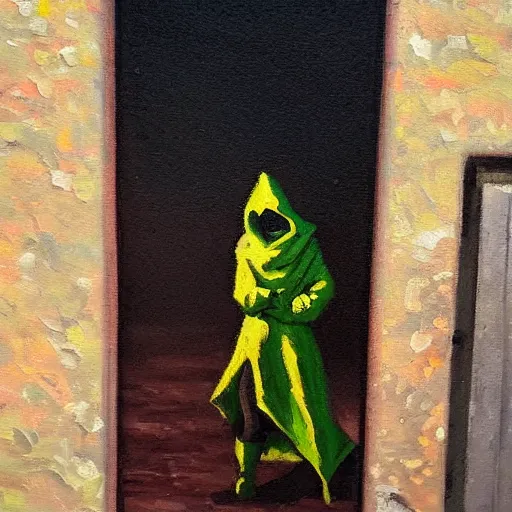 a hooded rogue leads you down an alleyway, oil | Stable Diffusion