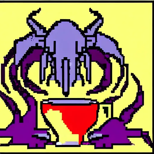 Cthulhu drinking tea with Satan, pixelated, retro | Stable Diffusion ...