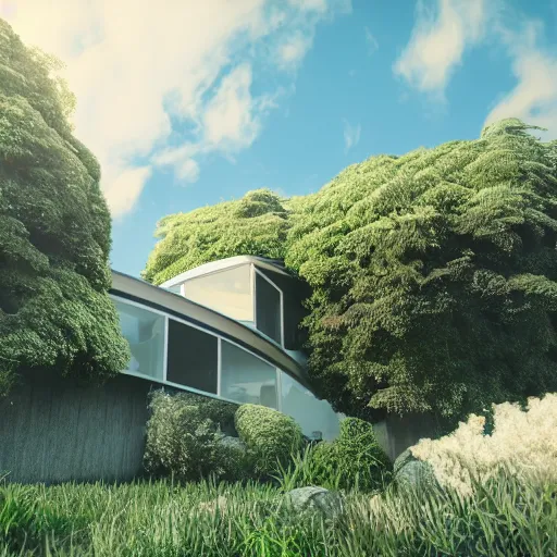 flower designed as a house, clouds, tall trees, octane | Stable Diffusion | OpenArt