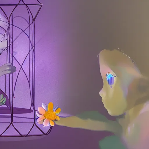 child within a cage looking at a flower in hope, | Stable Diffusion | OpenArt