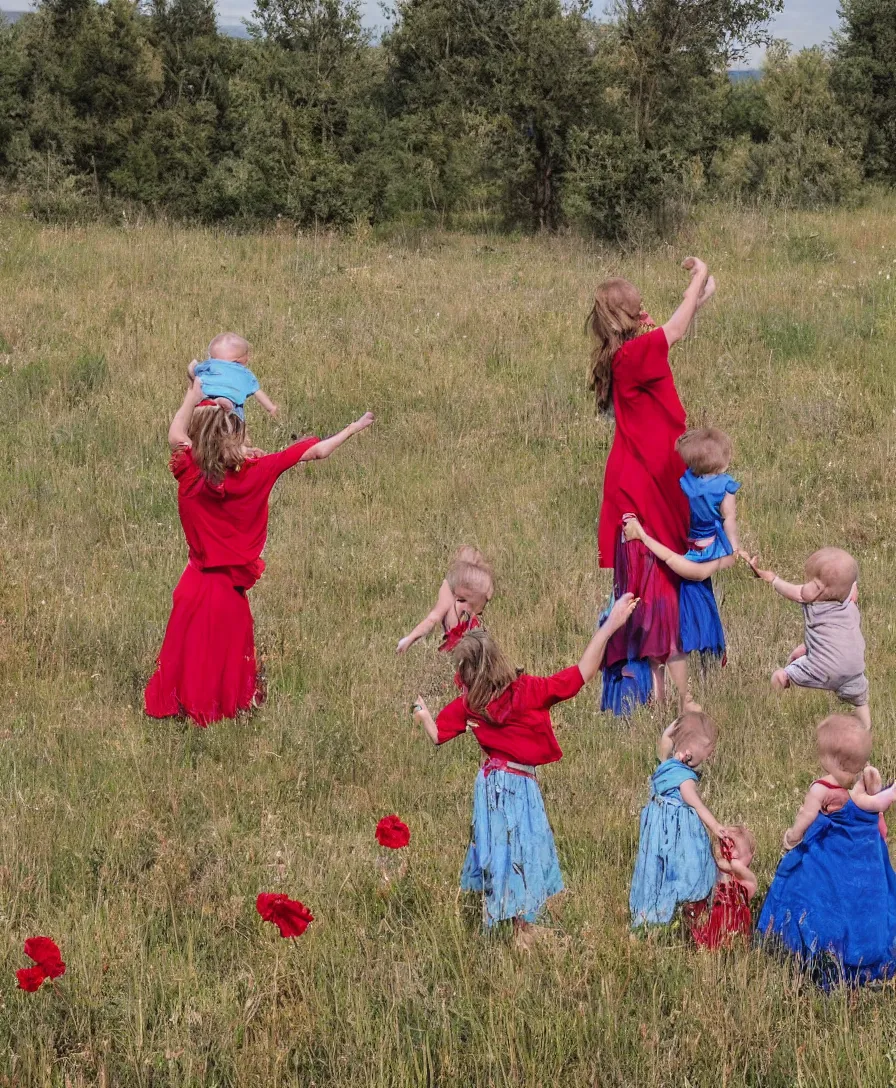 a woman playing with two babies in a dried out meadow, | Stable Diffusion | OpenArt