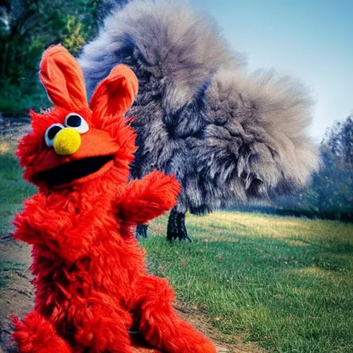 a fluffy brown furred elmo with big soft rabbit ears | Stable Diffusion
