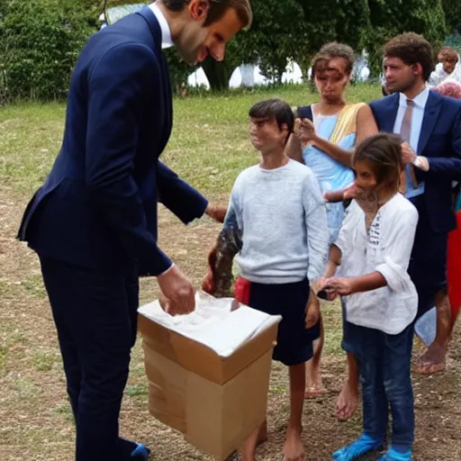 a barefoot emmanuel macron giving food to the poor | Stable Diffusion