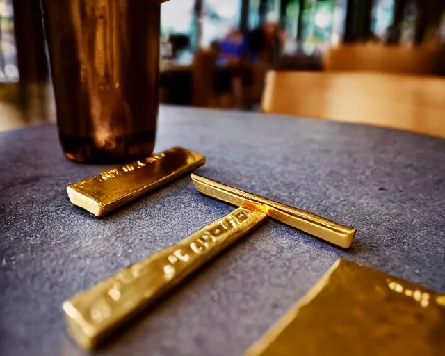 a solid gold bar on a cafe table on a sunny day, f / | Stable Diffusion ...