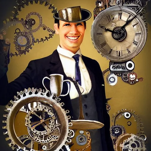 a butler made of clocks and cogs holding a plate of | Stable Diffusion