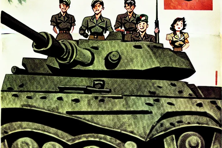 1940s, war, anime, poster, smiling tanks | Stable Diffusion