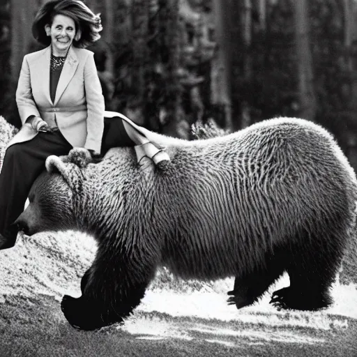 nancy pelosi riding on top of a grizzly bear | Stable Diffusion | OpenArt