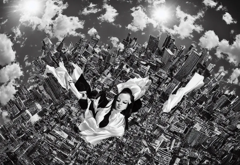 fashion editorial falling in the sky. wide angle shot. | Stable Diffusion