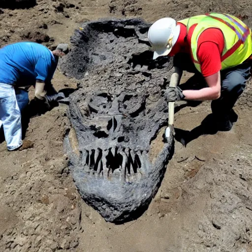 archeologists finding a huge Godzilla fossilized | Stable Diffusion