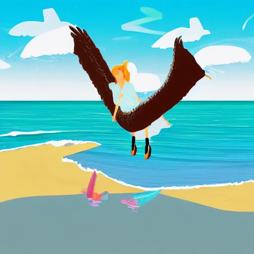 Digital art of a woman riding a giant seagull at the | Stable Diffusion ...